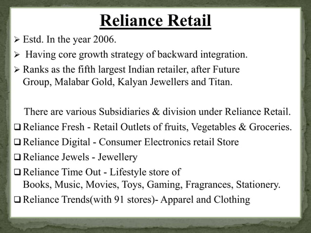 Presentation on reliance industries | PPTX | Retail Industry | Industries