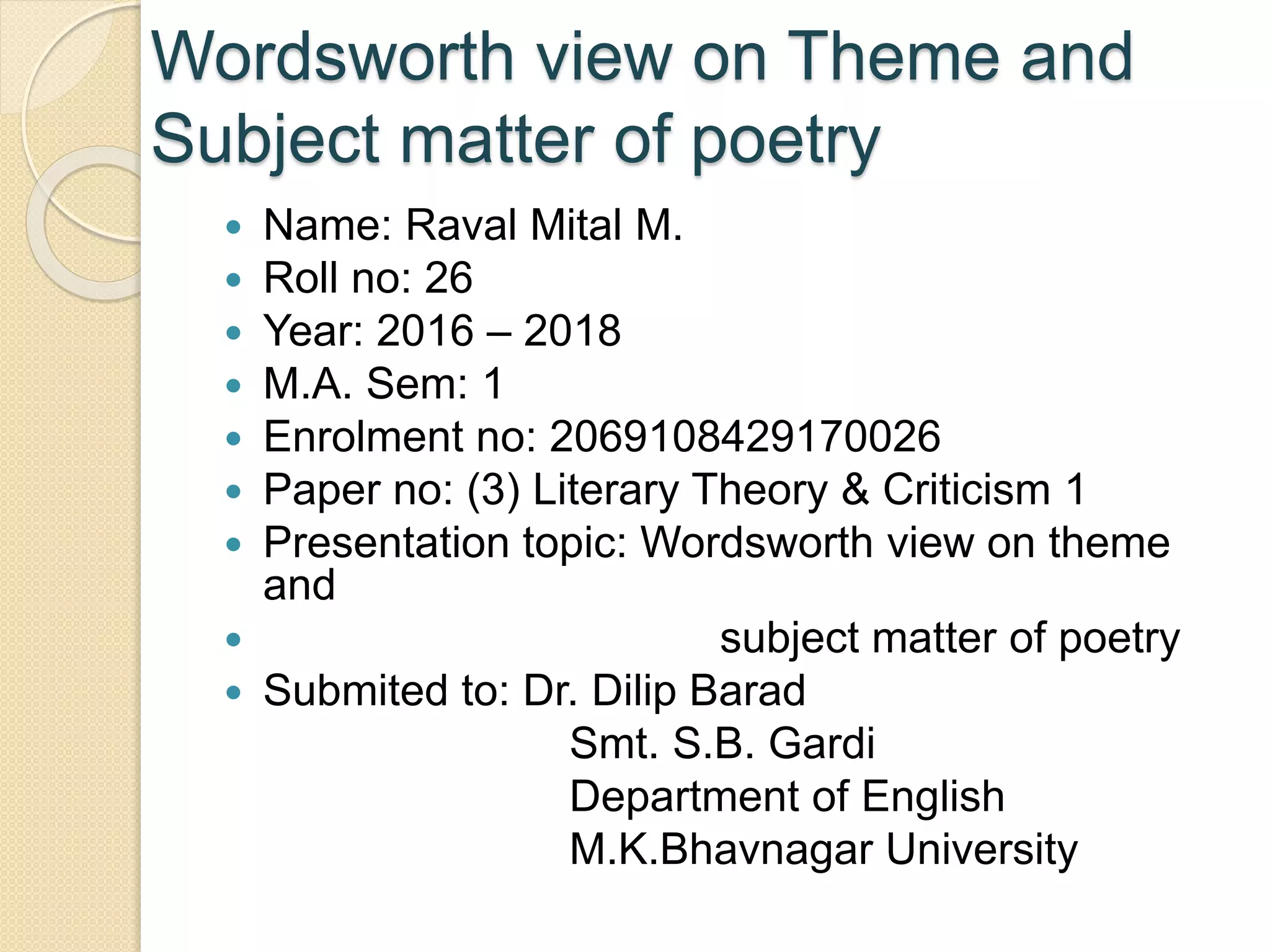 Wordsworth view on Theme and Subject matter of poetry. | PPTX
