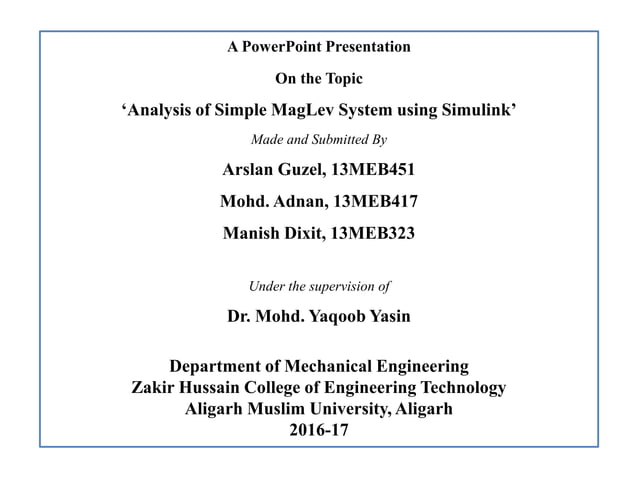 Analysis of Simple Maglev System using Simulink | PPT
