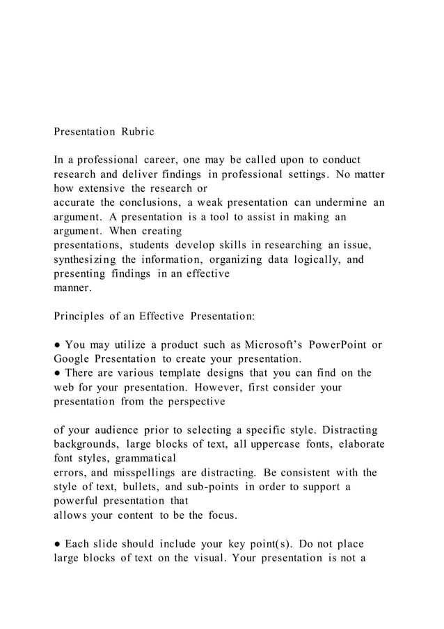 Presentation Rubric In a professional career, one may b | PDF