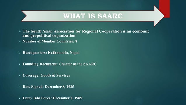 SAARC: South Asia Association for Regional Cooperation | PPTX | Asia ...