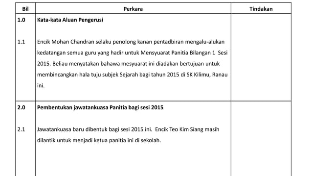Agenda Mesyuarat dan Contoh Lengkap Catatan Minit Mesyuarat Panitia Sejarah | PPTX