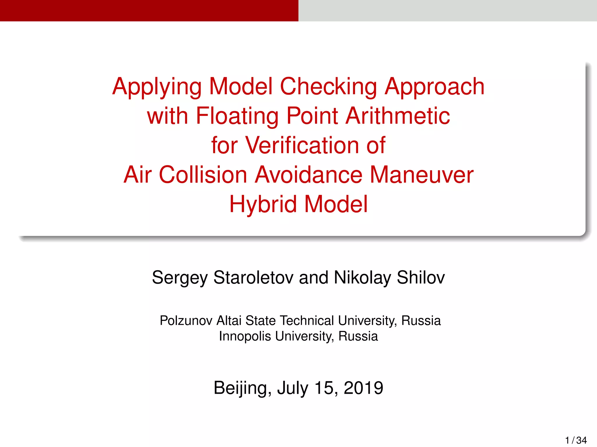 Applying Model Checking Approach With Floating Point Arithmetic For