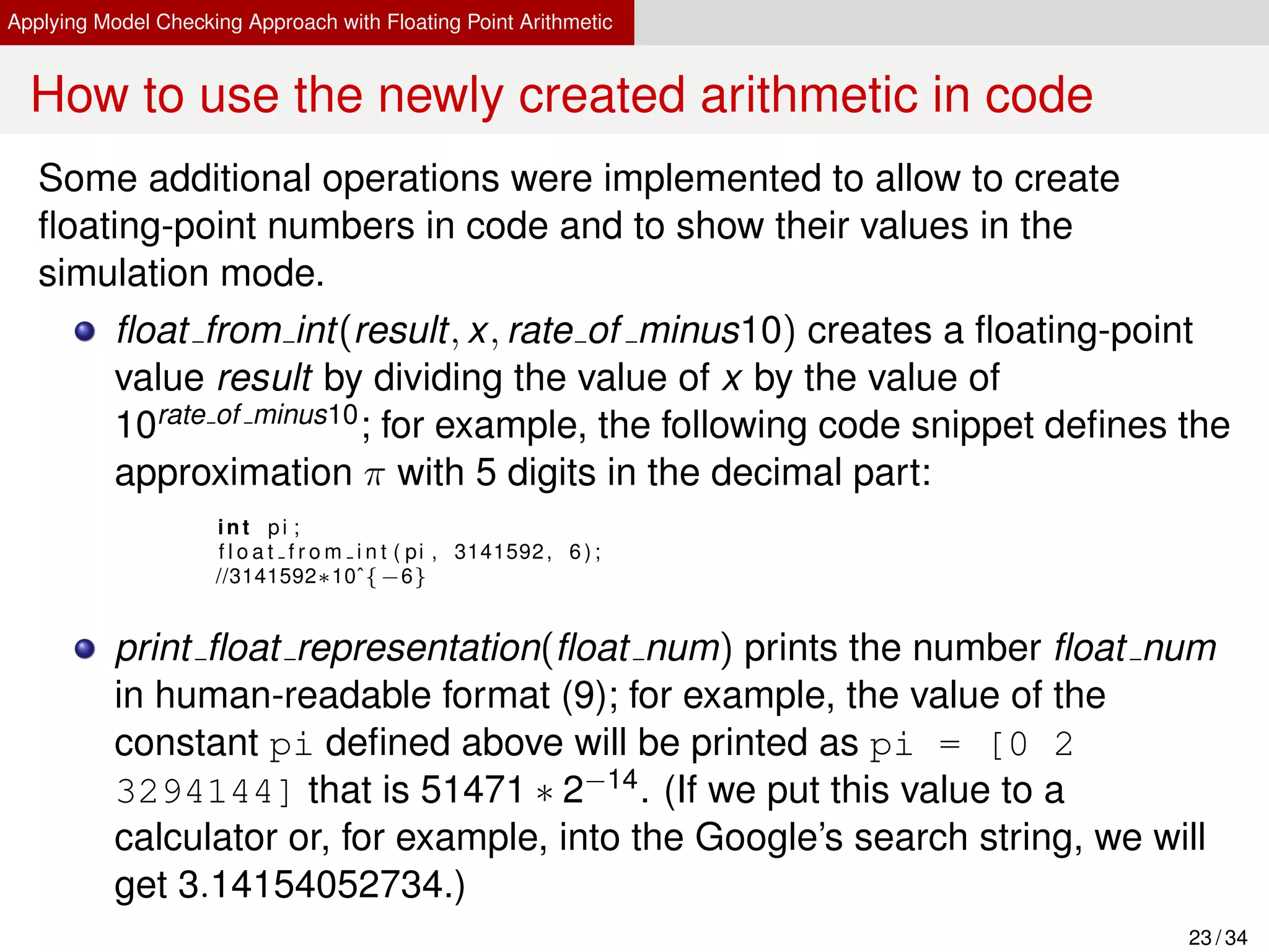 Applying Model Checking Approach With Floating Point Arithmetic For