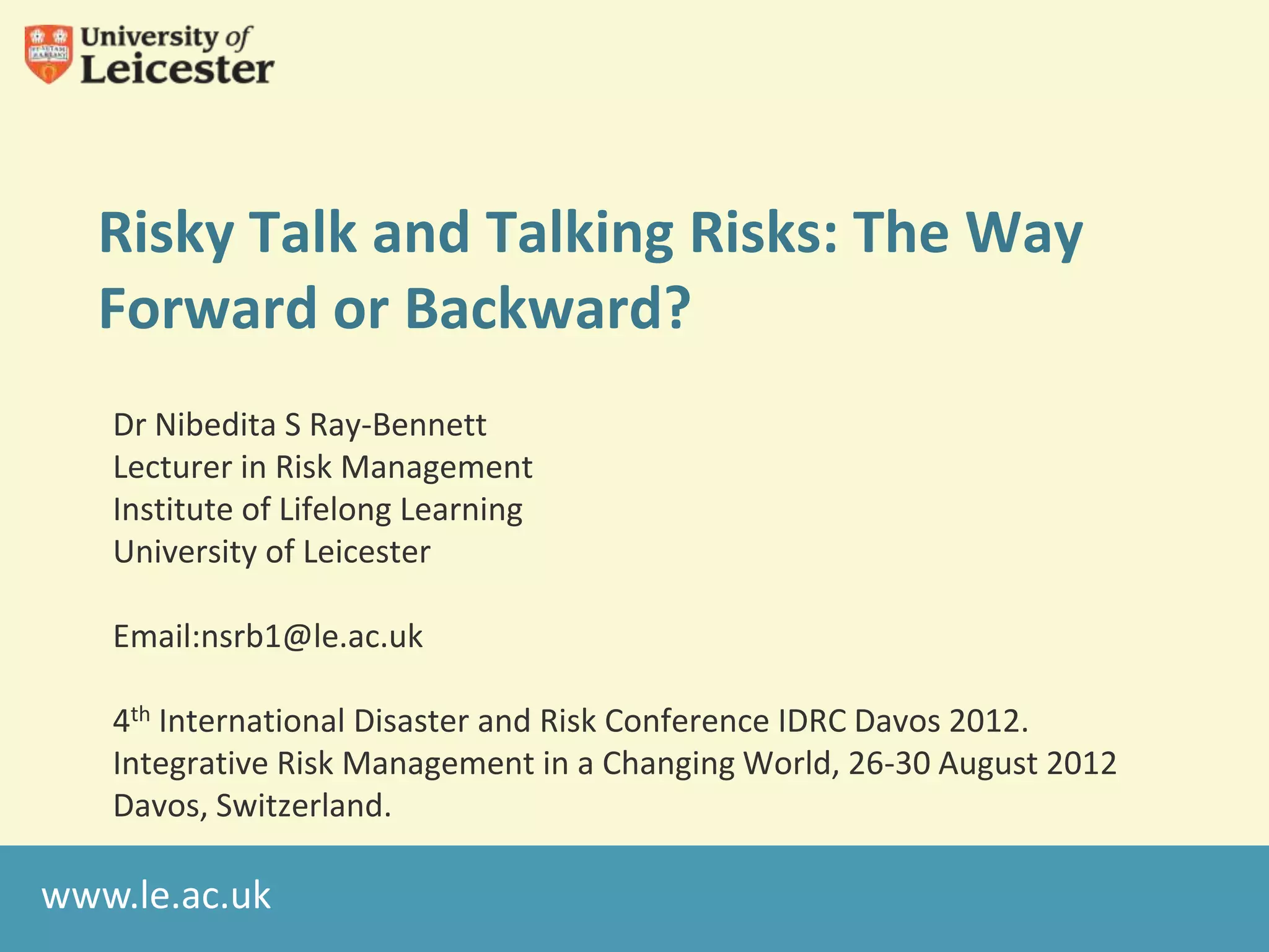 Risky talks and talking risks in disaster management: a way forward or ...