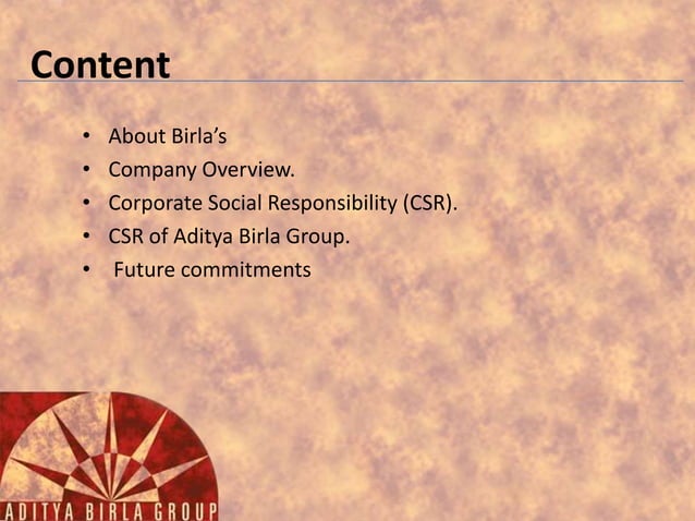CSR OF ADITYA BIRLA GROUP OF COMPANIES. | PPTX | Business | Business and Finance