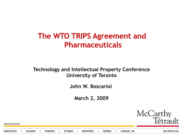 Pharmaceuticals and the WTO TRIPS Agreement | PPT