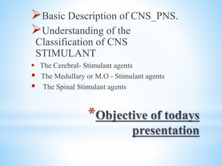 CNS stimulant(Cerebral , medulla and spinal cord stimulant) | PPTX
