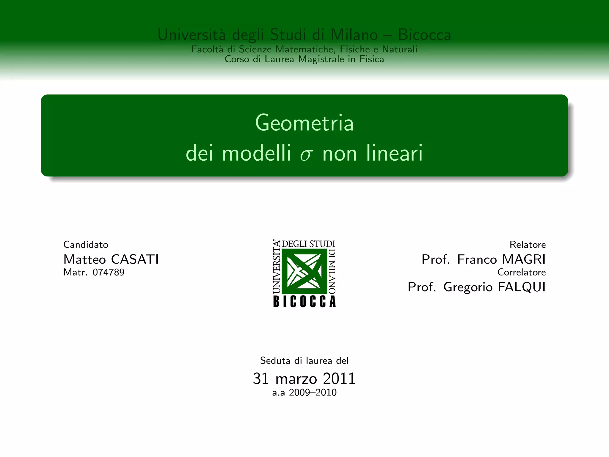 Geometria dei Modelli Sigma Non Lineari - Geometry of Nonlinear Sigma ...