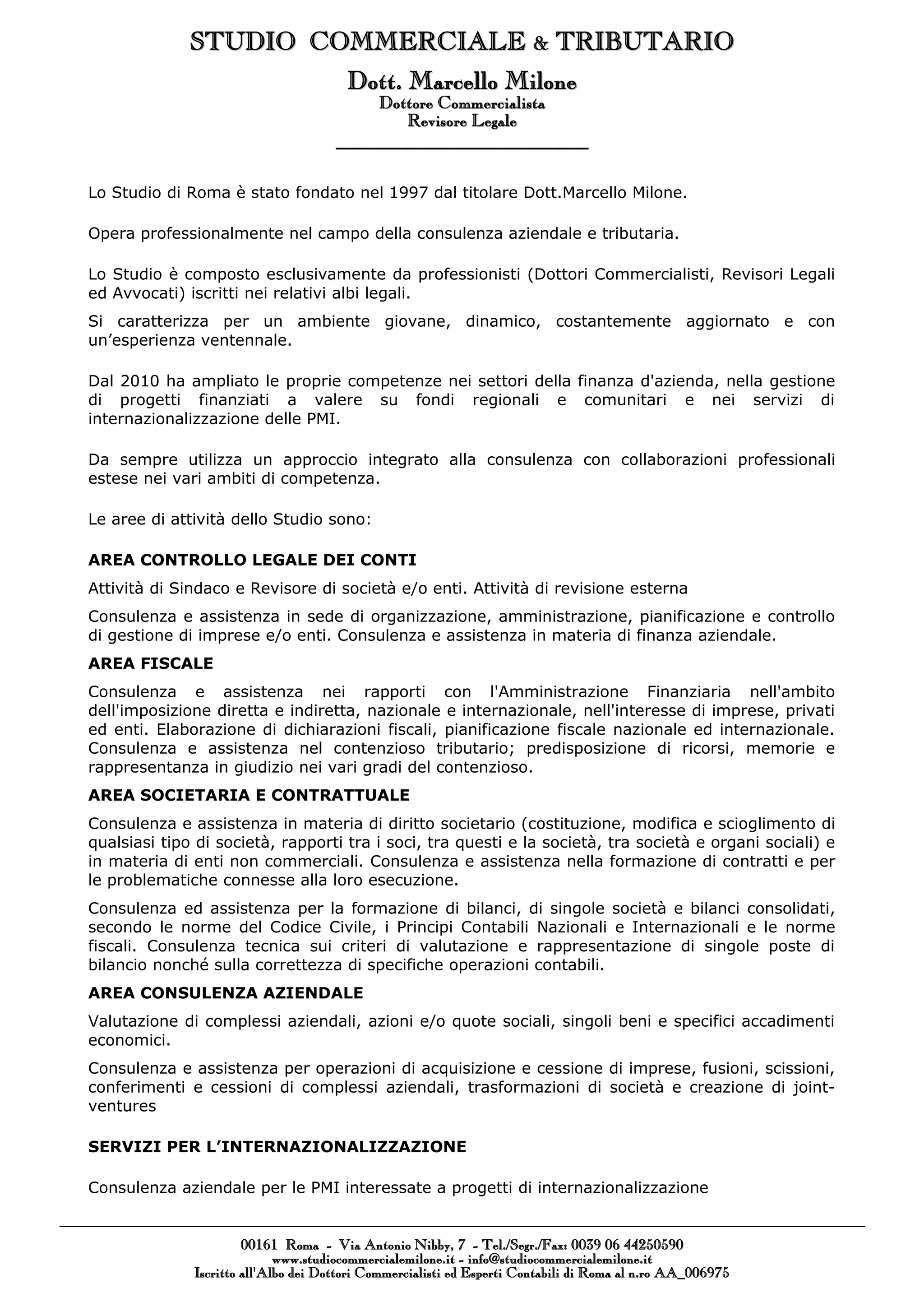 Presentazione STUDIO COMMERCIALE E TRIBUTARIO DOTT.MILONE - ROMA | PDF