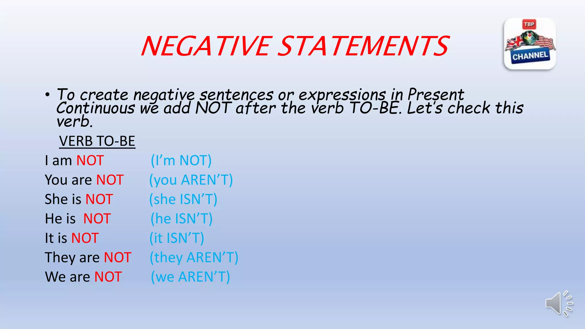 Present continuous negative statements | PPTX