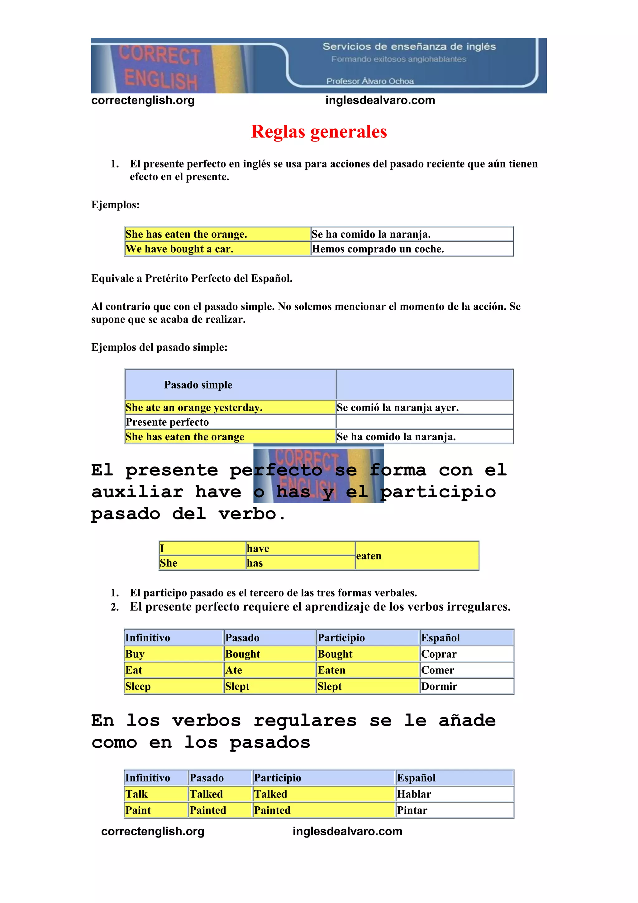 Presente perfecto reglas generales | PDF