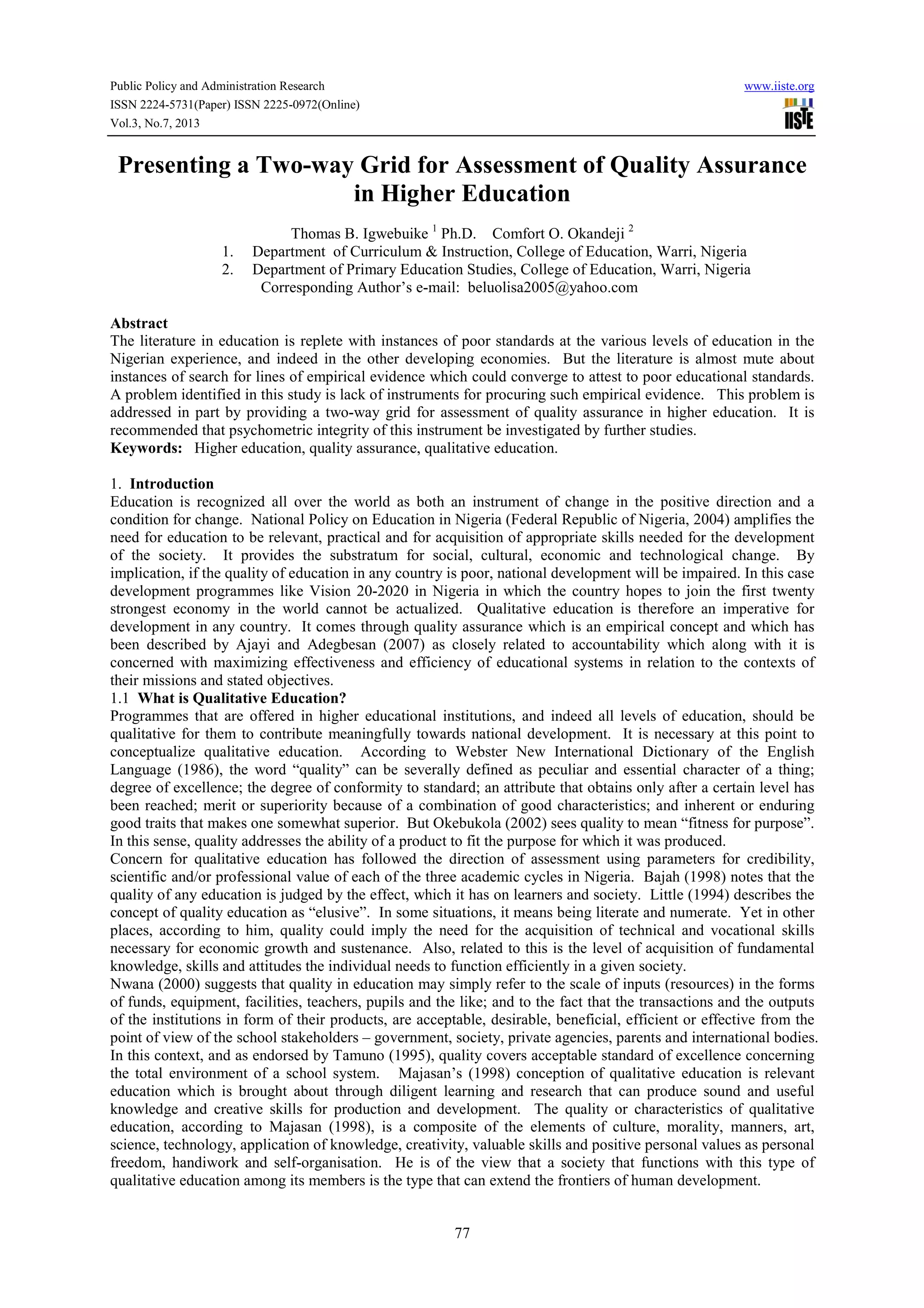 Presenting a two way grid for assessment of quality assurance in higher ...