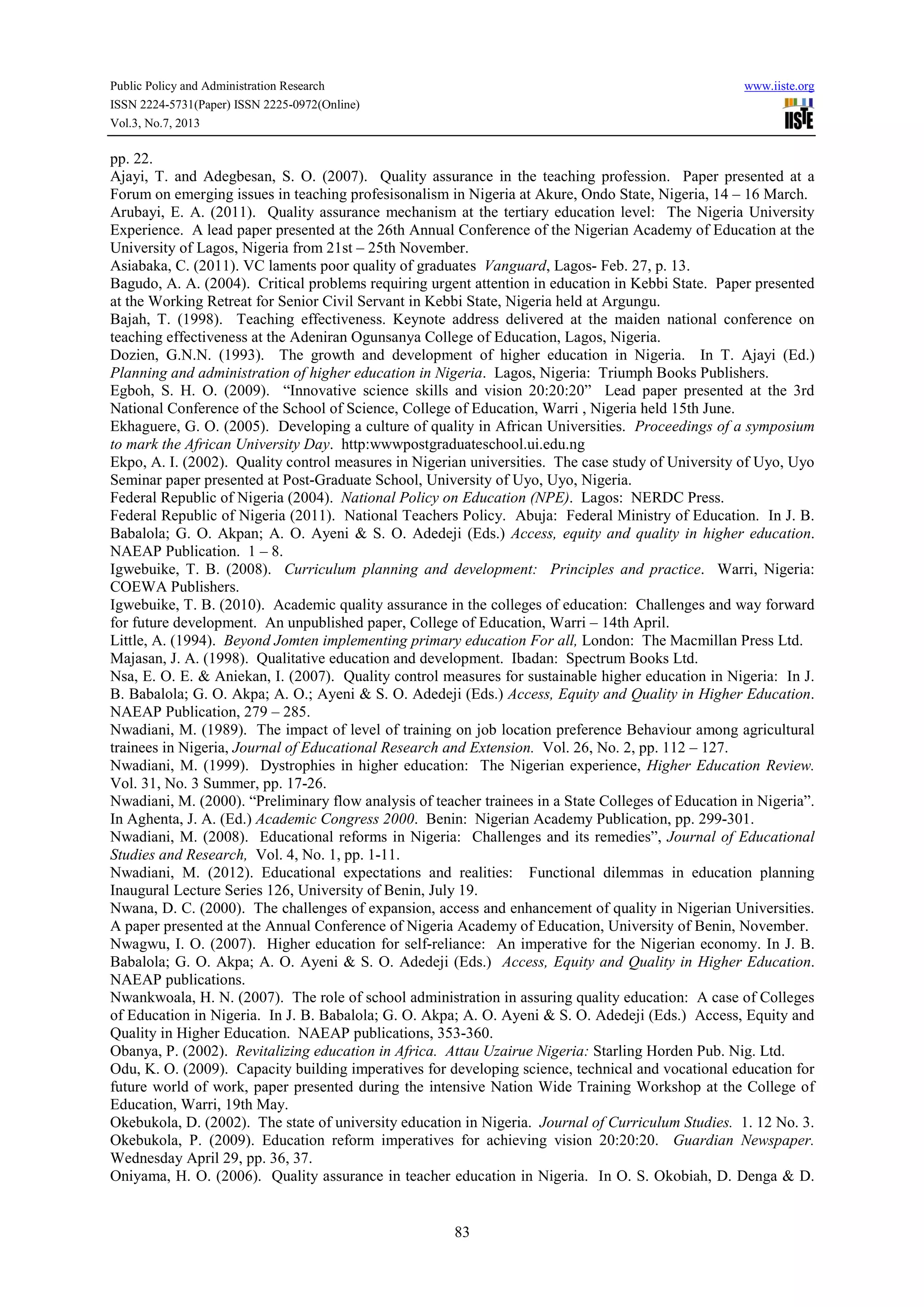 Presenting a two way grid for assessment of quality assurance in higher ...