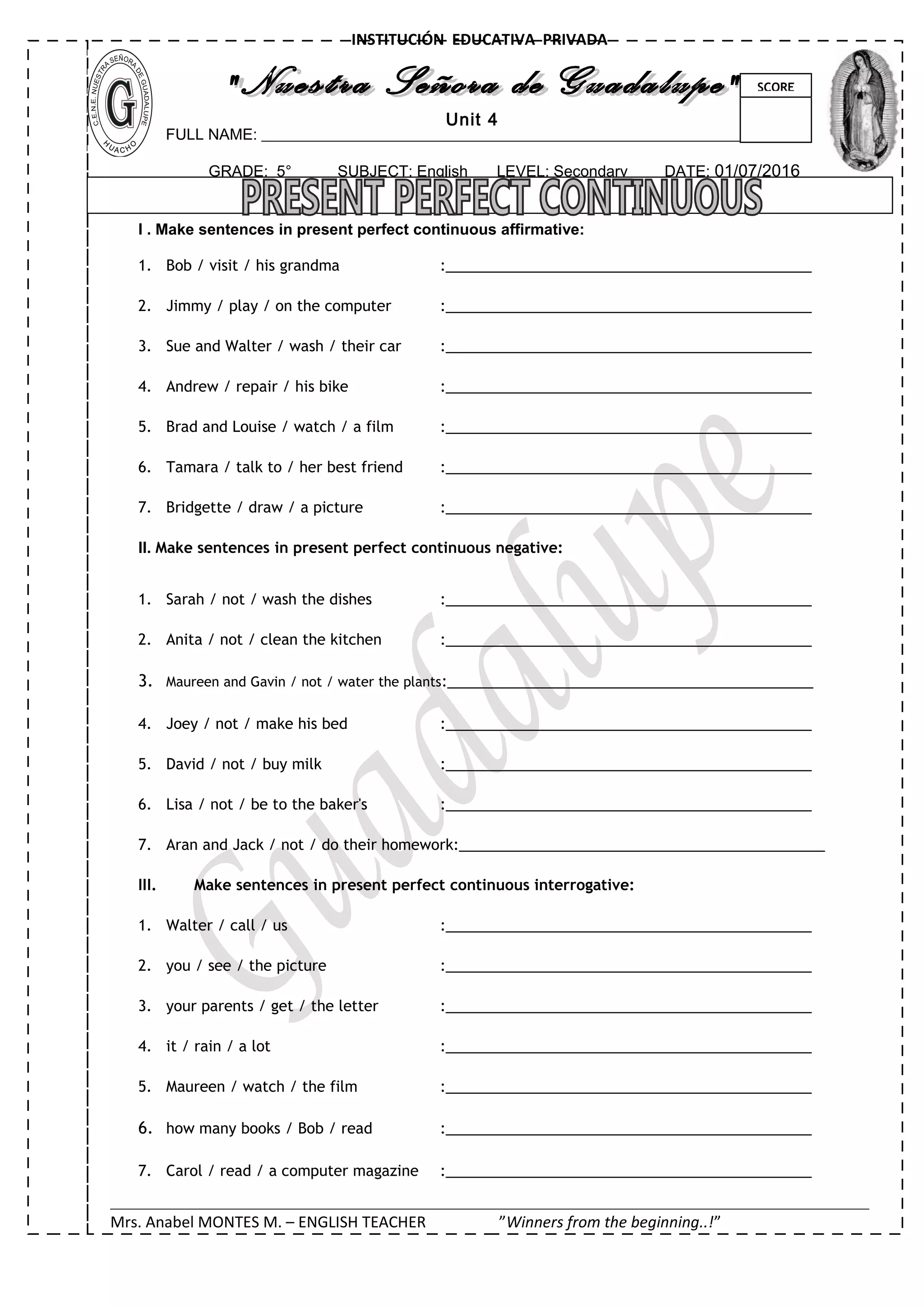 Present perfect continuous worksheet | PDF