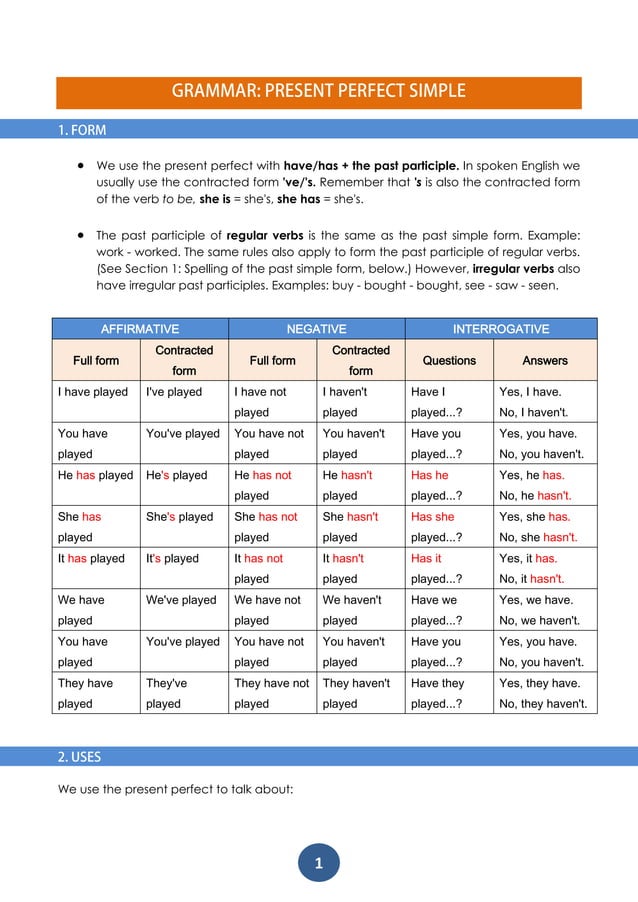Present perfect handout enblog | PDF