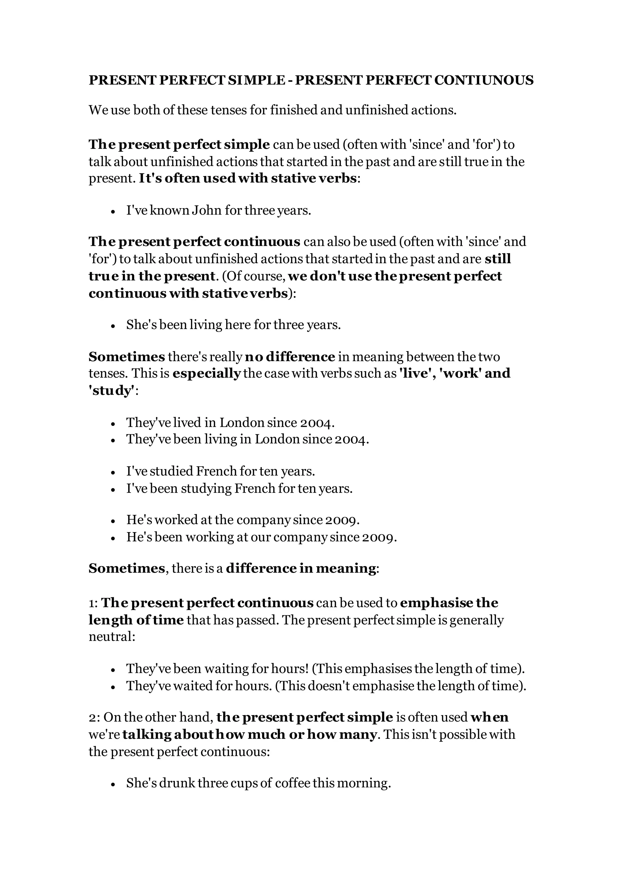 Present perfect simple and contiunuous grammar | PDF