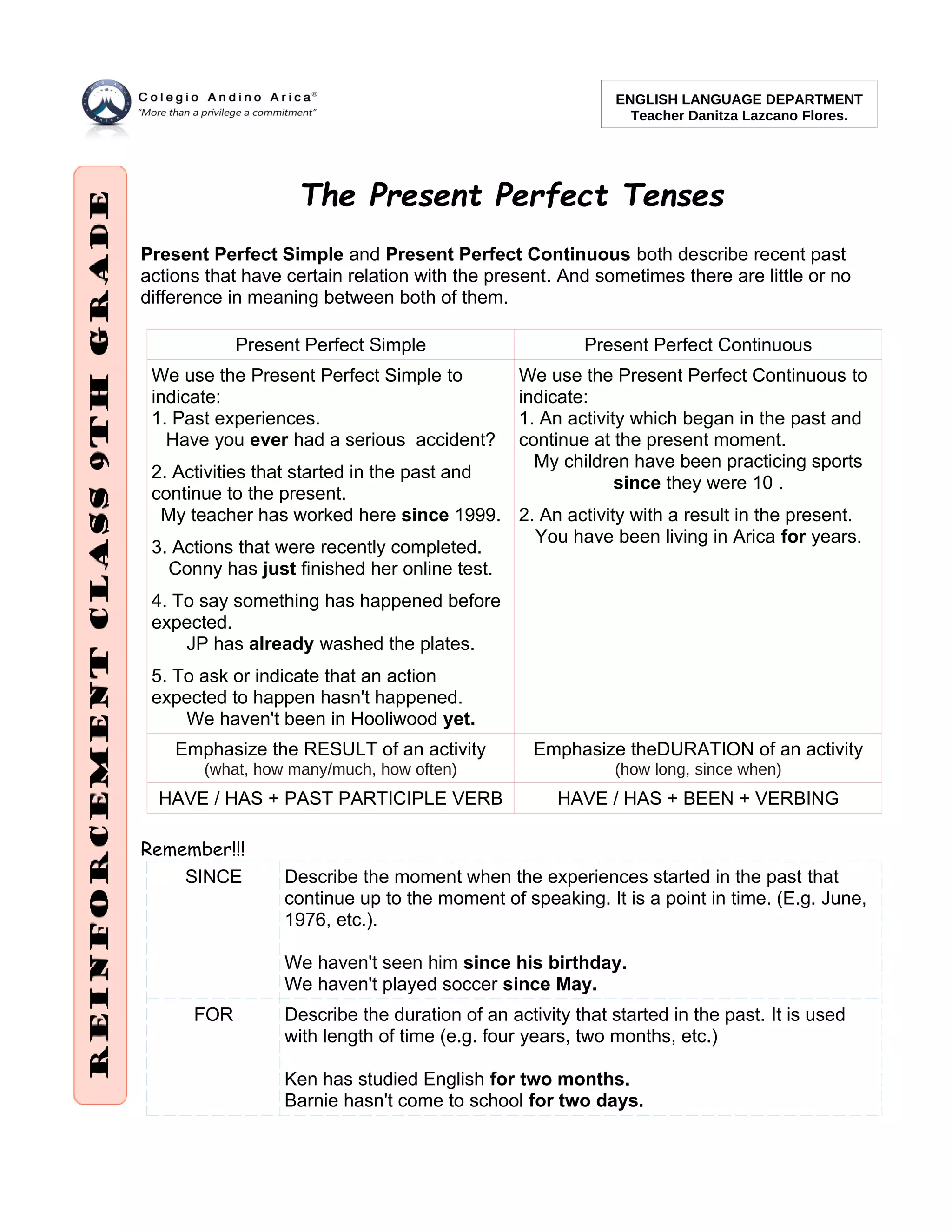 Present Perfect Tenses review 9th grade | PDF