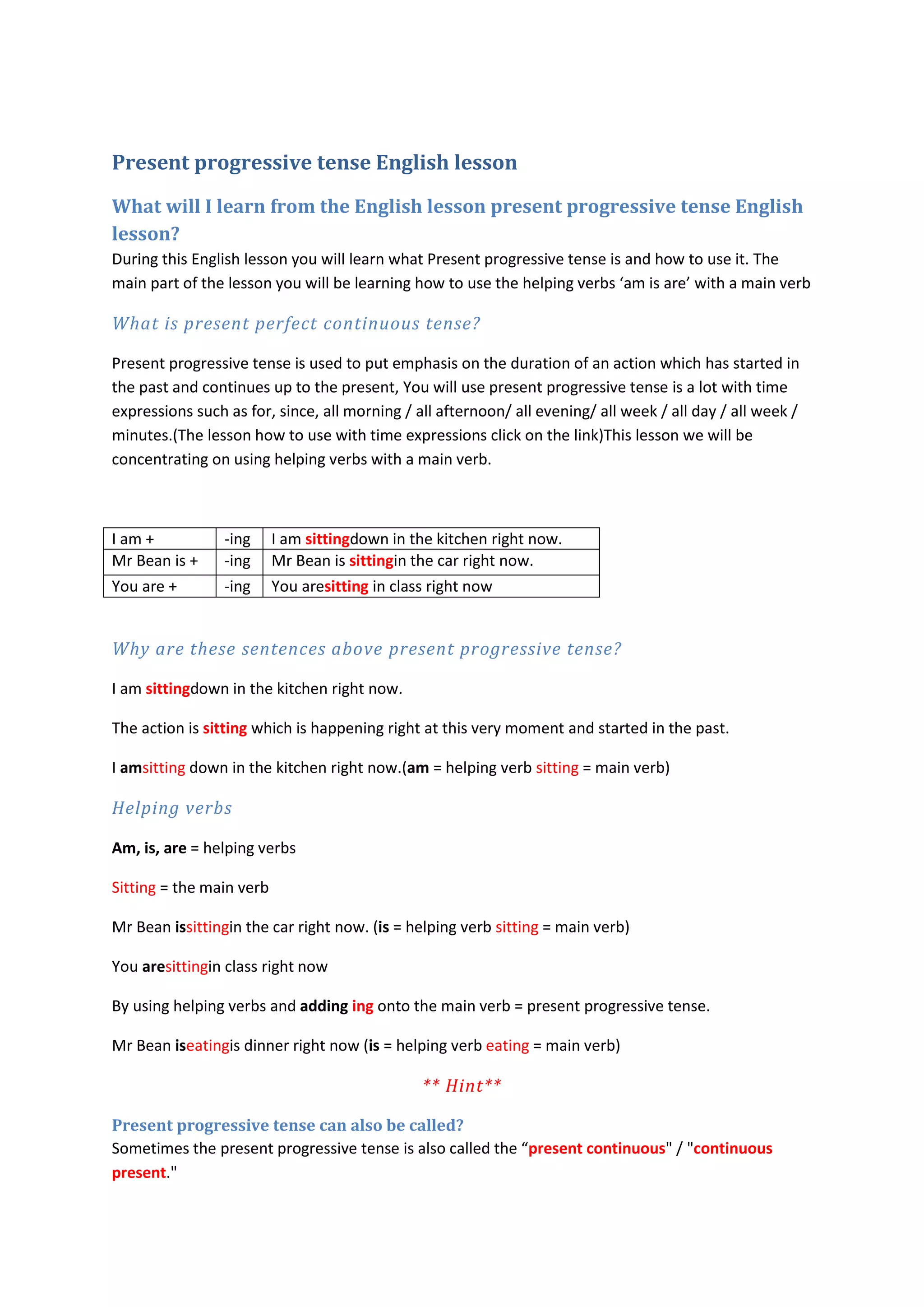Present progressive tense english lesson | DOCX