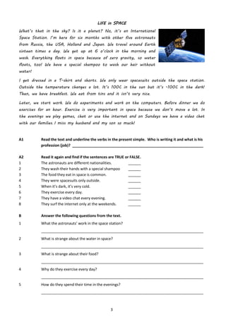 present simple, life in space text, prepositions | PDF
