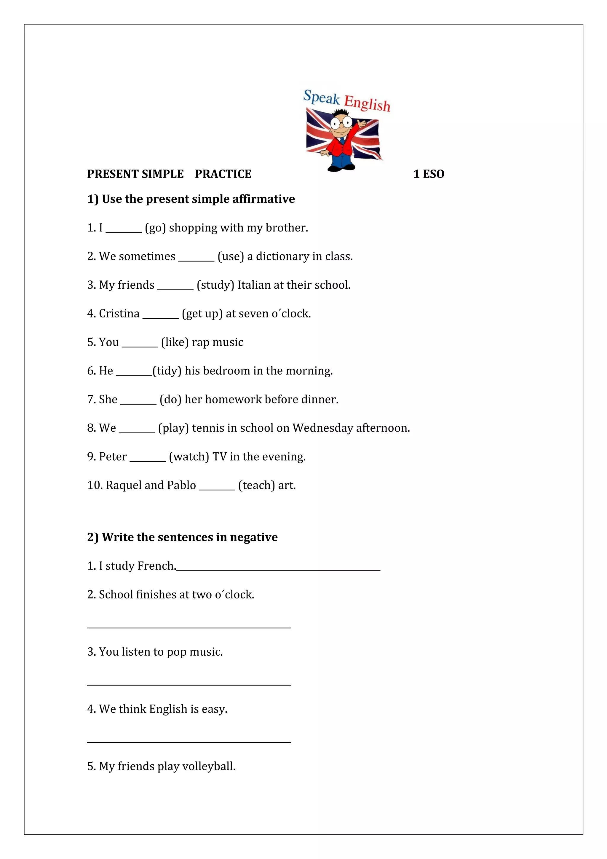 Present simple aff and neg ex 1 eso no bil | DOC