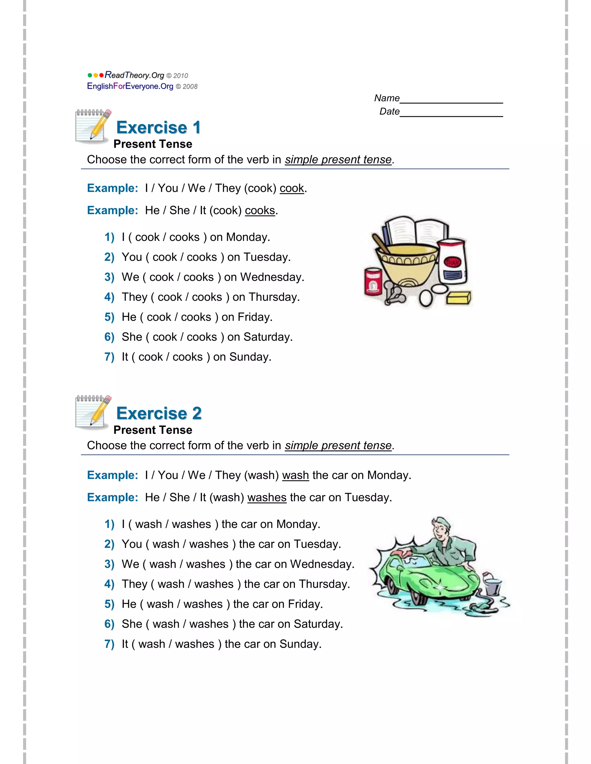 Present tense exercise 1 and 2 ordinary verb | PDF