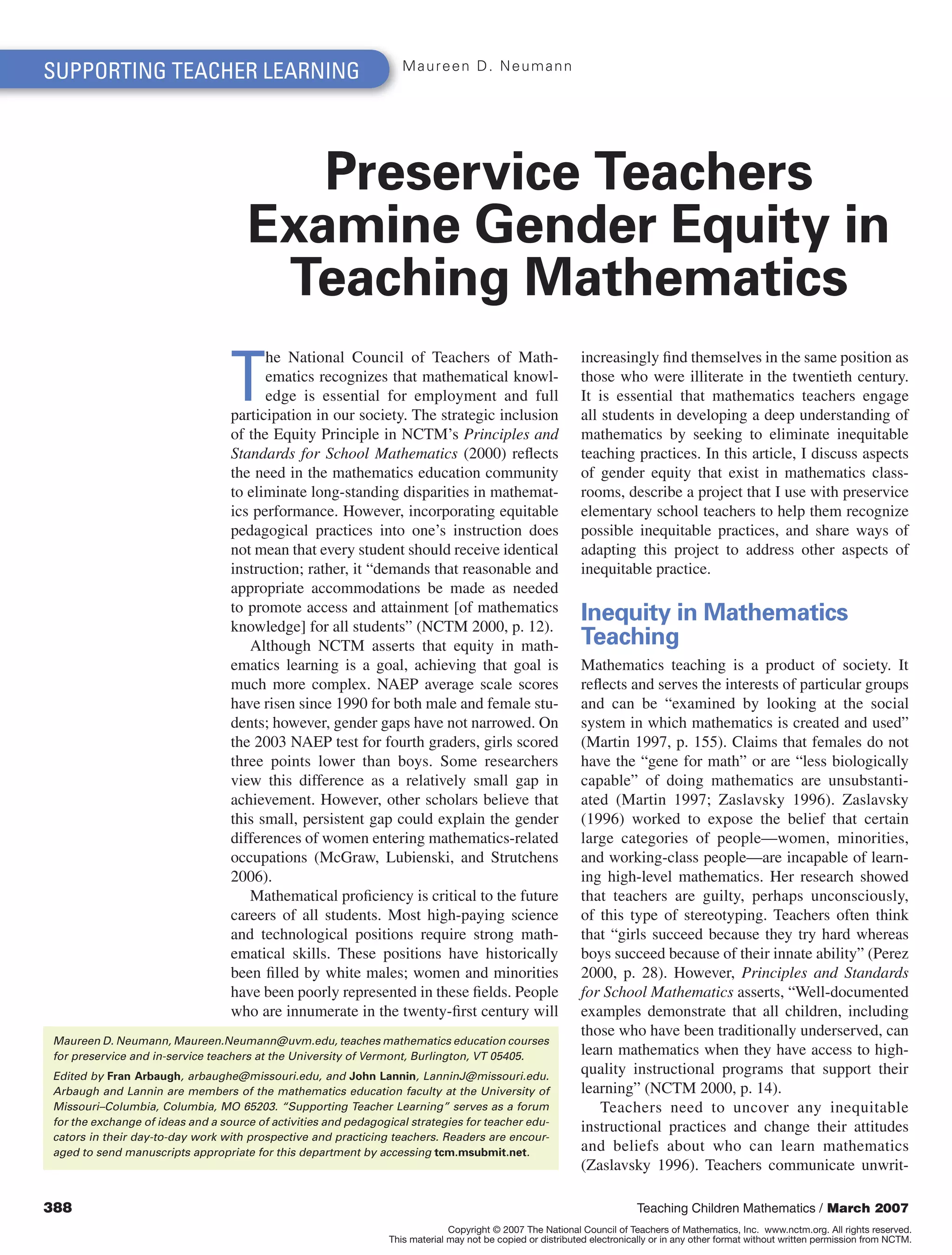 Preservice teachers examine gender equity in teaching mathematics | PDF