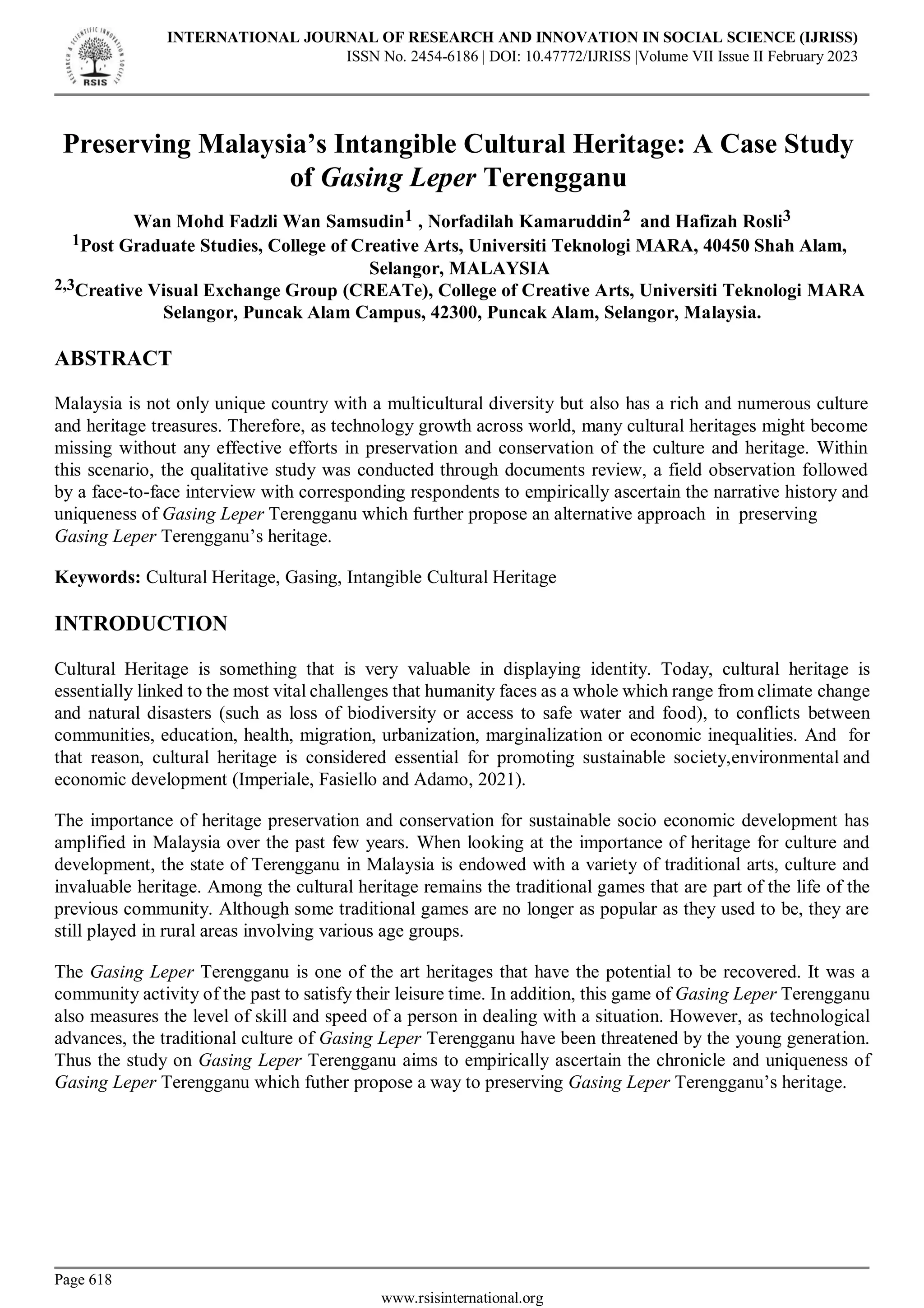 Preserving Malaysia’s Intangible Cultural Heritage: A Case Study of ...