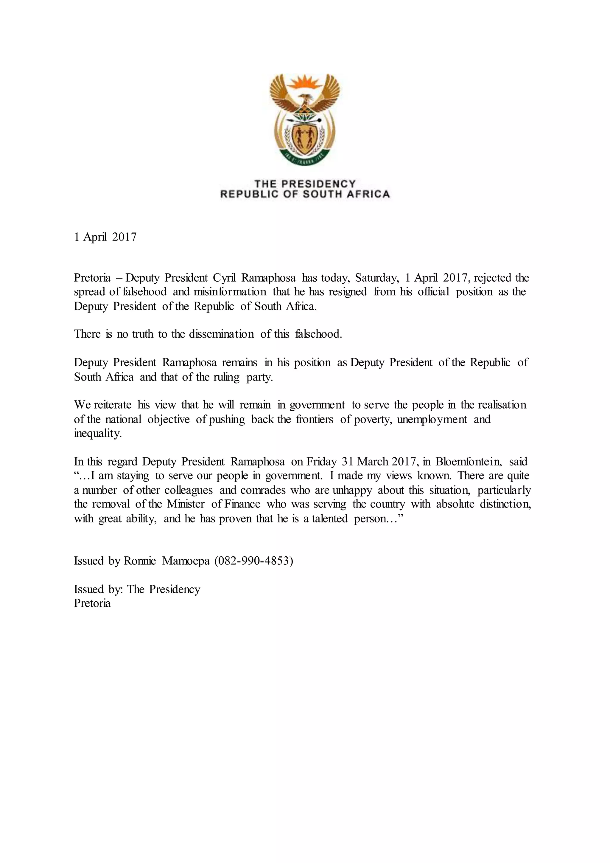 Presidency ramaphosa resignation denial - 1 april 2017 | DOCX