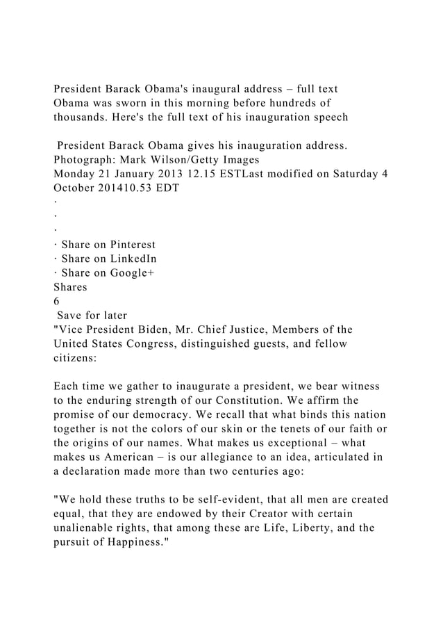 President Barack Obamas inaugural address – full textObama was .docx