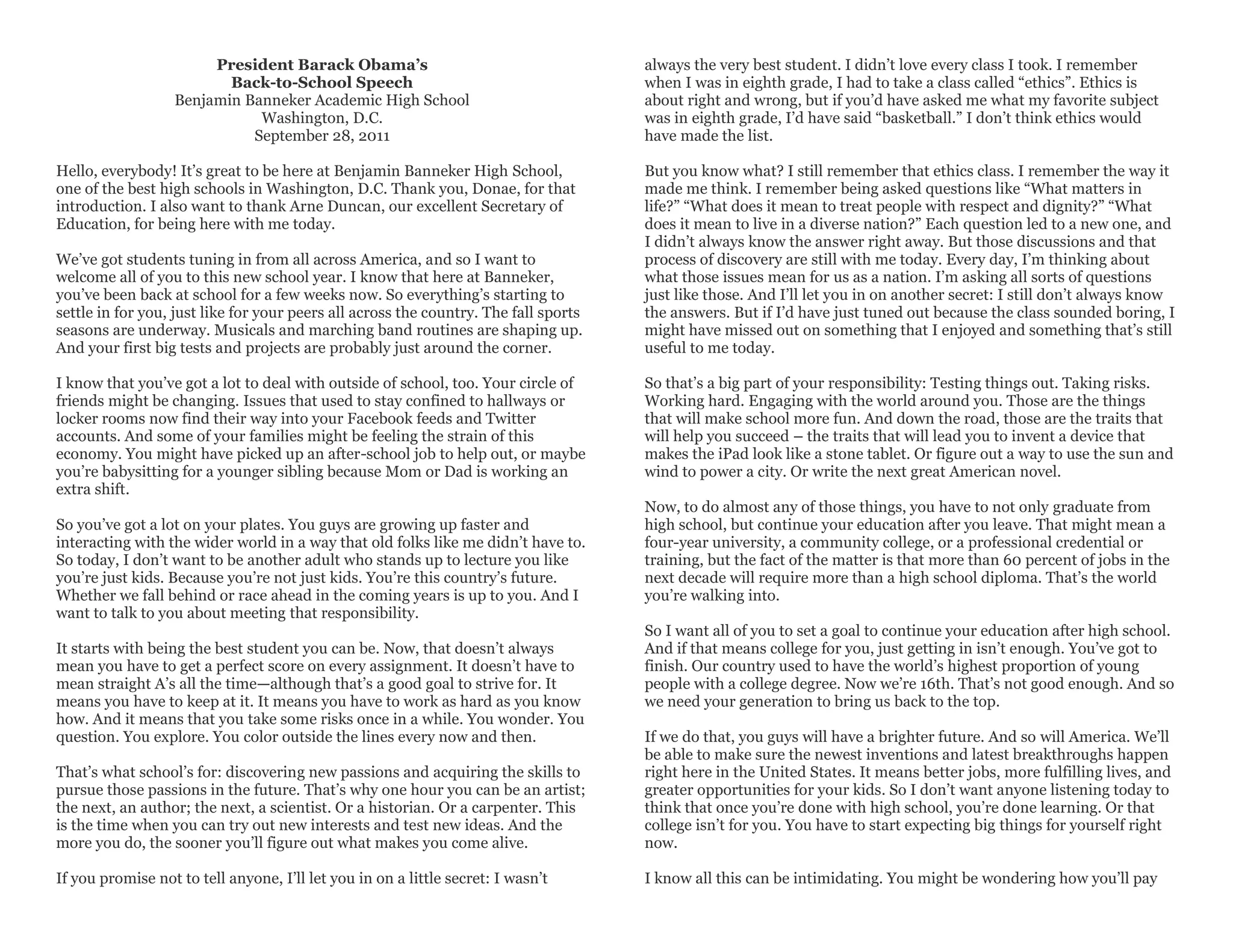 Presidential Back-to-School Speech 2011 | PDF