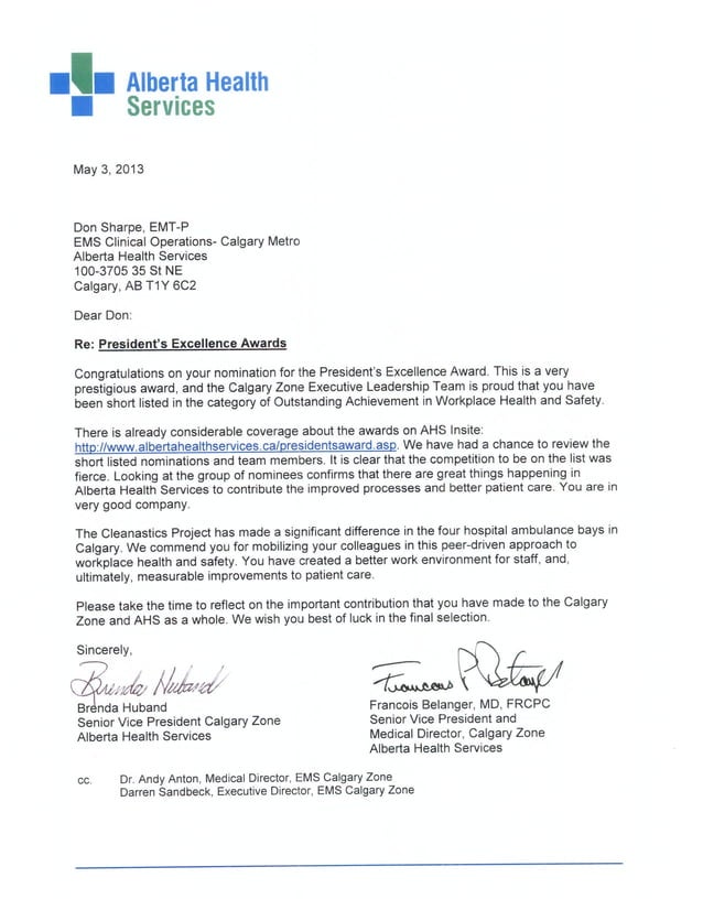 President's excellence award nomination Don Sharpe EMT-P - May 3,13 | PDF