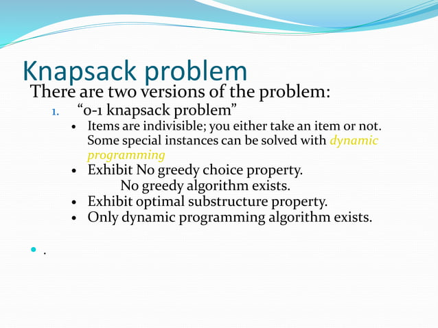 knapsack problem | PPTX | Programming Languages | Computing