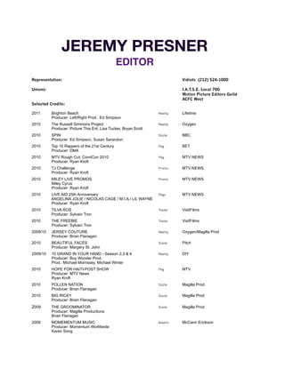 Presner march 2011 resumé | PDF | Television | Entertainment
