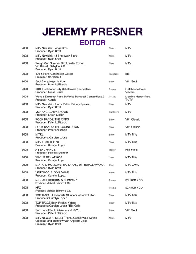 Presner march 2011 resumé | PDF | Television | Entertainment
