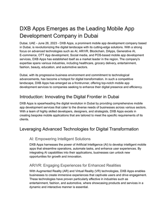 DXB Apps Emerges as the Leading Mobile App Development Company in Dubai | PDF