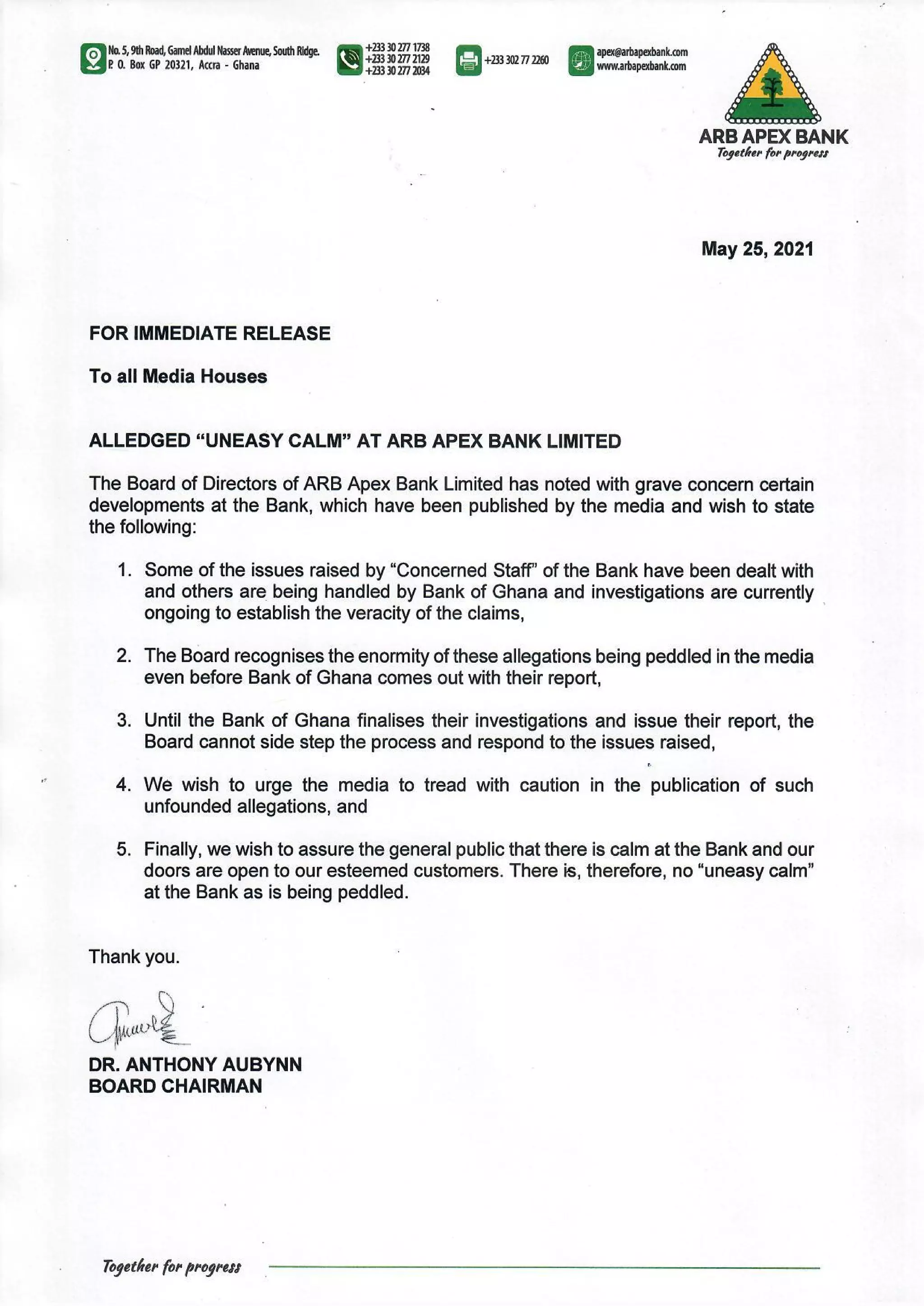 Management has dealt with issues - ARB Apex Bank Board | PDF