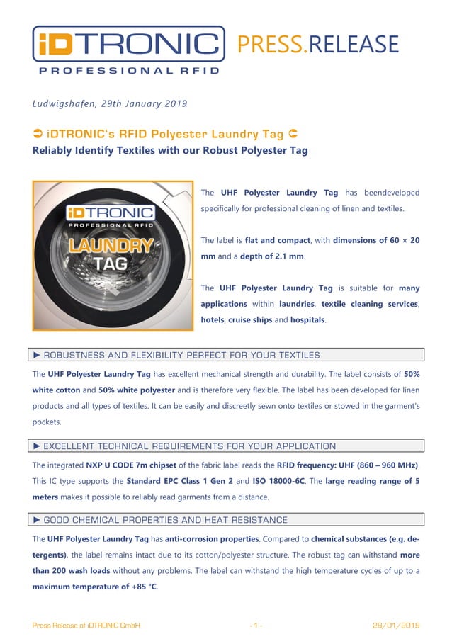 Press Release: iDTRONIC‘s RFID Polyester Laundry Tag - Reliably ...
