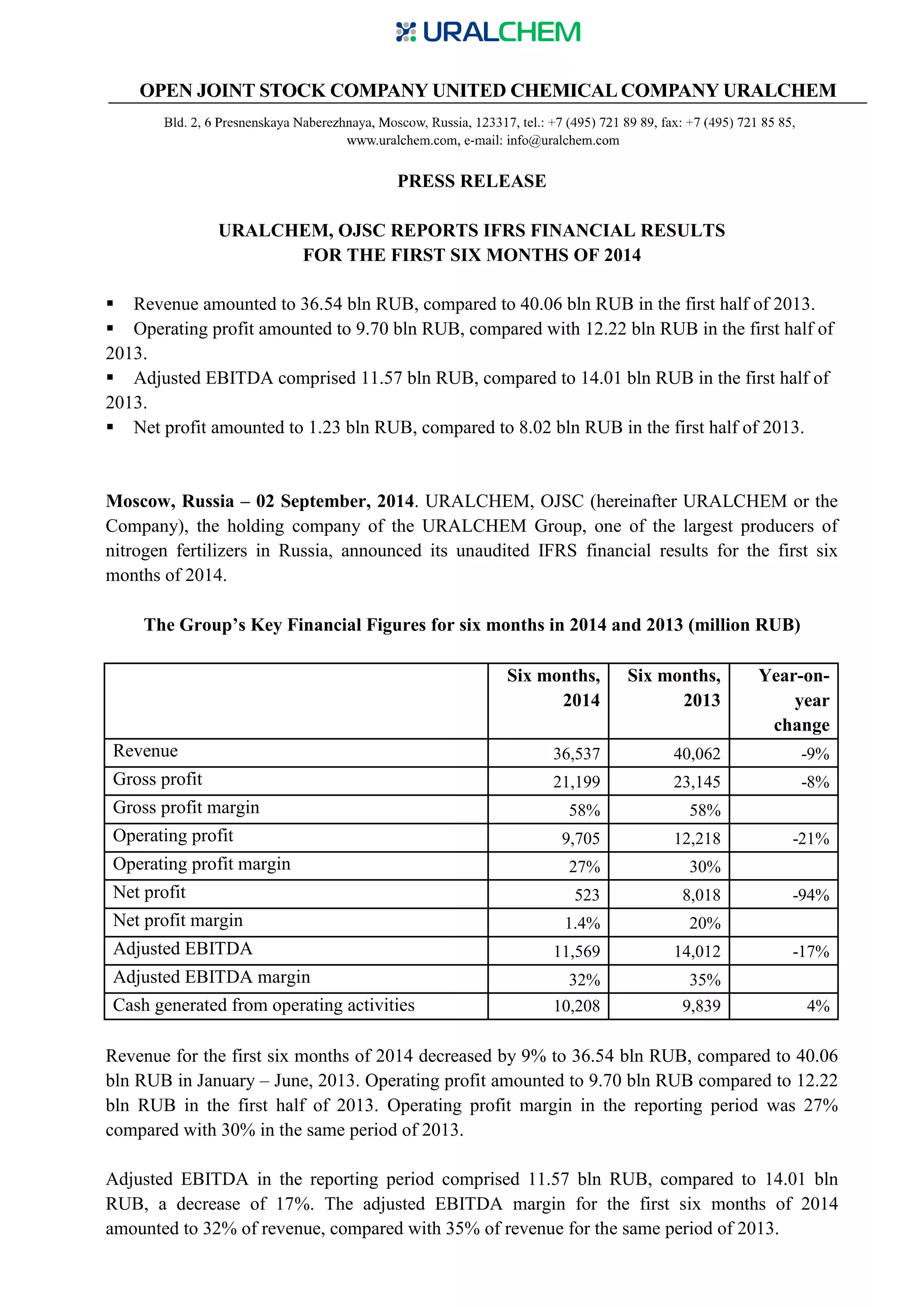 URALCHEM, OJSC REPORTS IFRS FINANCIAL RESULTS FOR THE FIRST SIX MONTHS ...