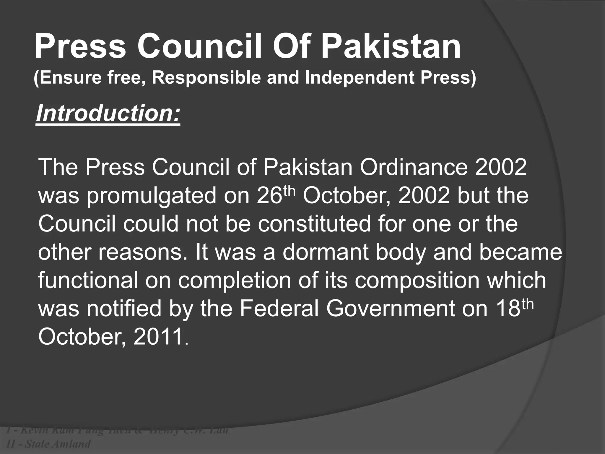 Press Council of Pakistan Ordinance 2002 and its Code of Ethics | PPT