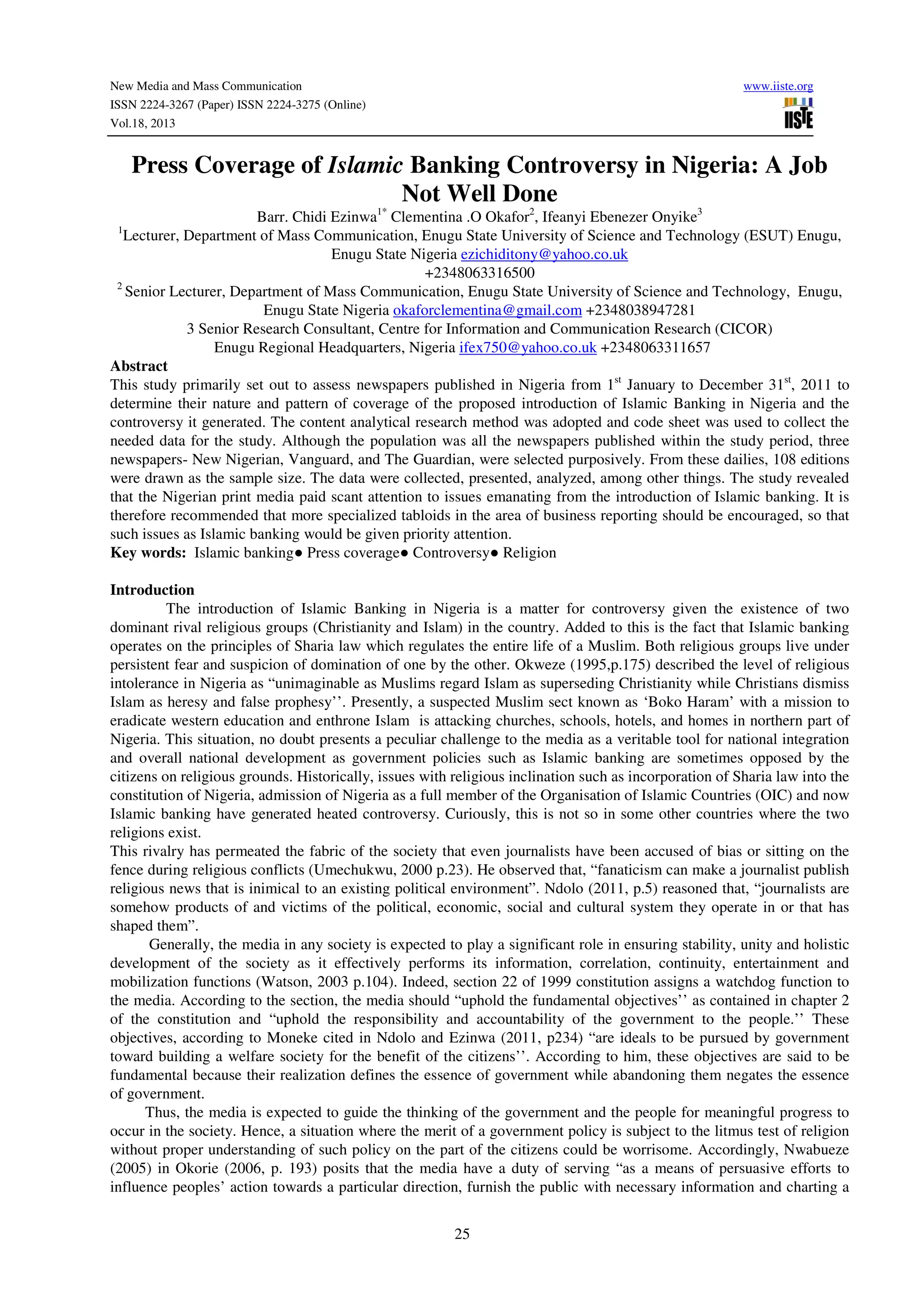 Press coverage of islamic banking controversy in nigeria | PDF