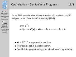 Sampling Spectrahedra: Volume Approximation and Optimization | PPT