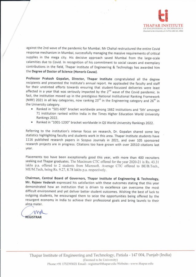 35TH CONVOCATION OF THAPAR INSTITUTE OF ENGINEERING & TECHNOLOGY (TIET) | PDF