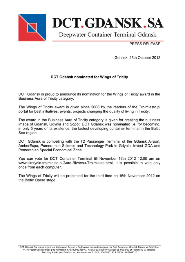 DCT Gdańsk nominated for Wings of Tricity | PDF