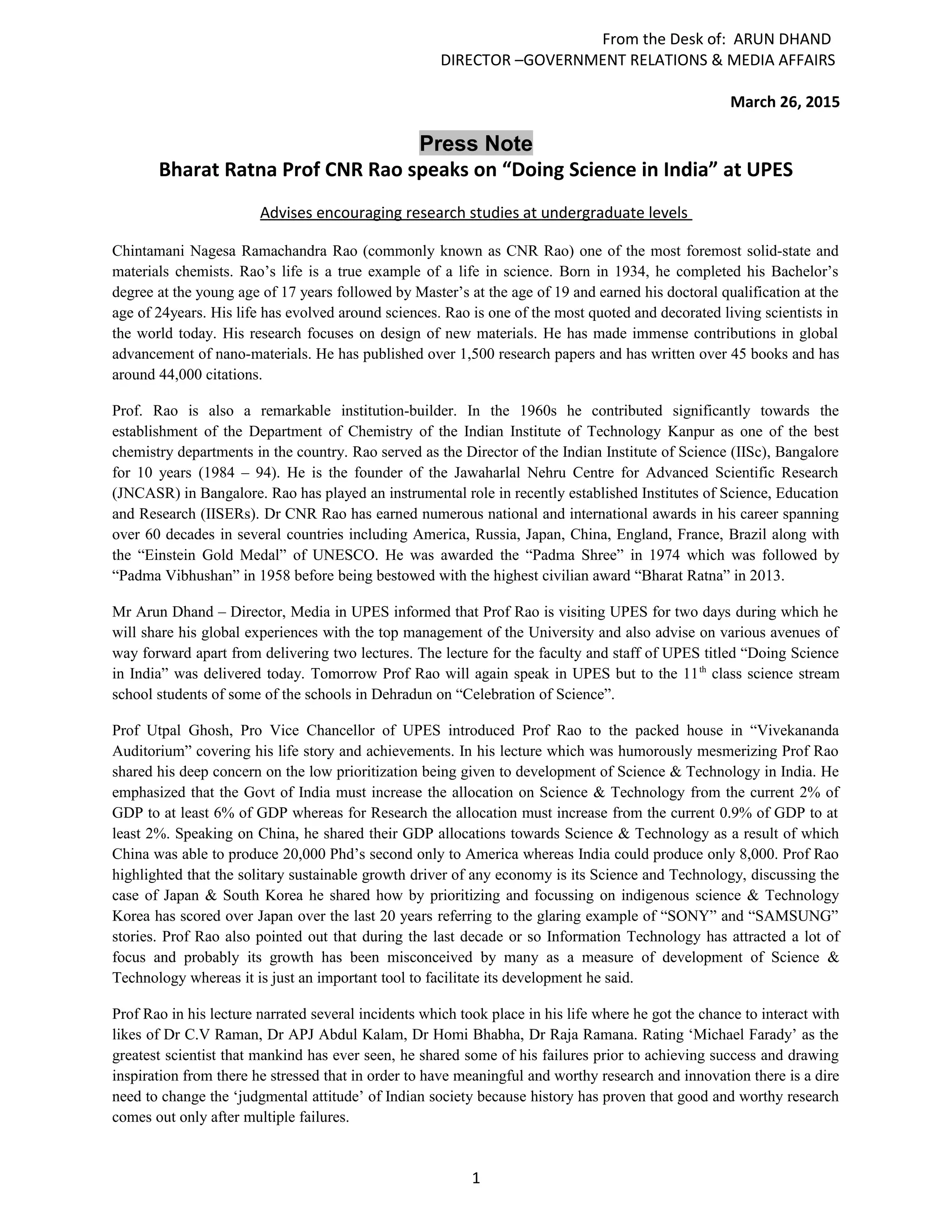 Bharat Ratna Prof CNR Rao speaks on “Doing Science in India” at ...