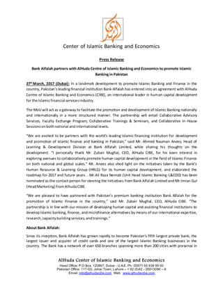 AlHuda CIBE has Signed MoU with Bank Alfalah | DOCX | Business Banking & Finance | Business