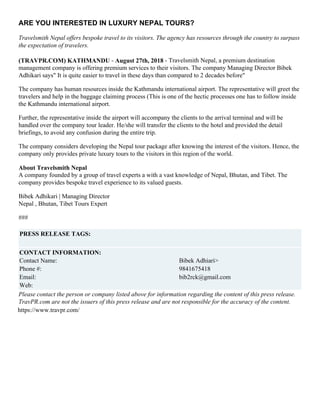 Travelsmith Nepal Press Release on Luxury Nepal Travel | PDF