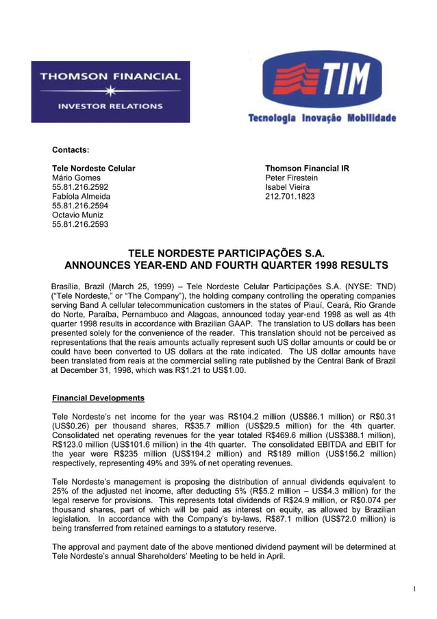 Press Release 4 Q98 Tele Nordeste Celular En | PDF
