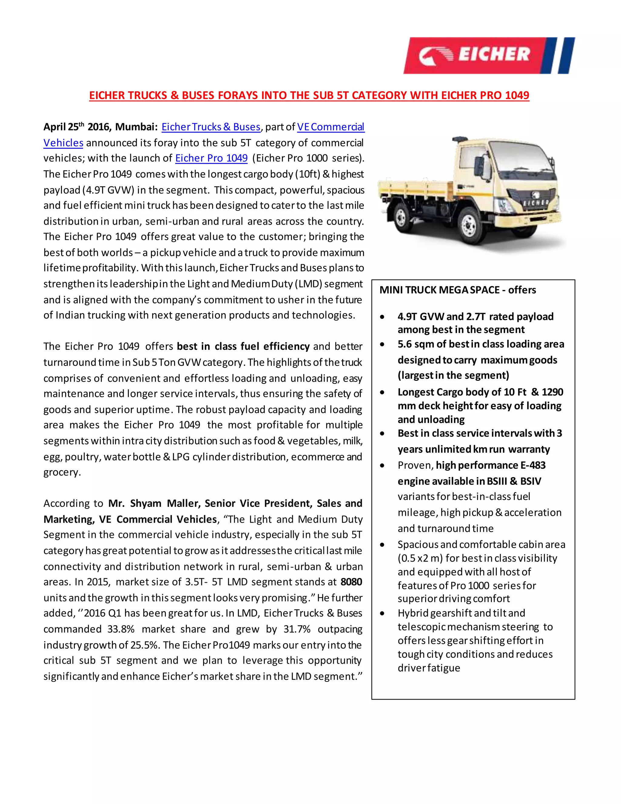 Press release eicher launches pro 1049 | DOCX