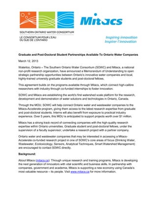 PRESS RELEASE - SOWC Mitacs MOU | PDF